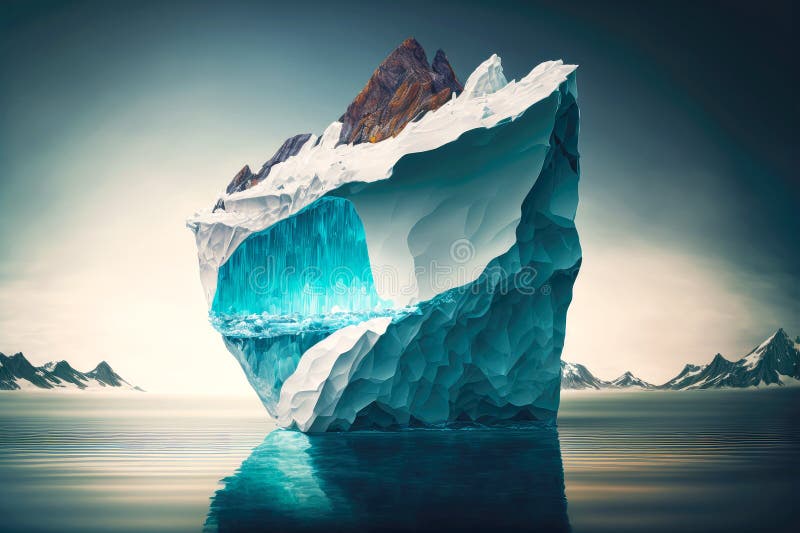 Large Sharp Floating Iceberg Against Backdrop of Rocky Ledge and Quiet ...