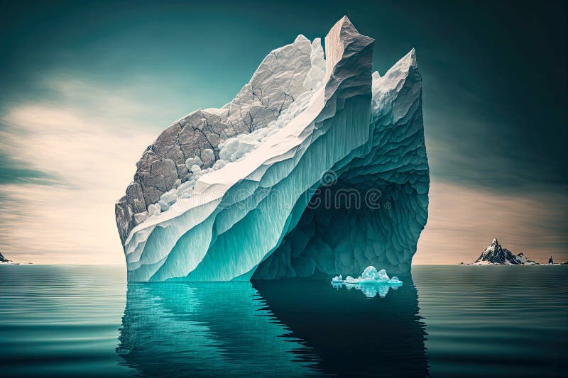 Large Sharp Floating Iceberg Against Backdrop of Rocky Ledge and Quiet ...