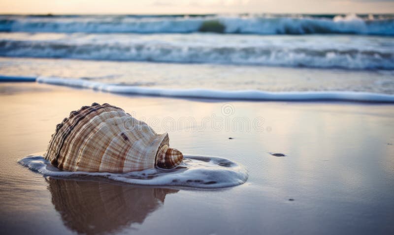 The Large Shell Rests Peacefully on the Beach, Washed by Gentle Waves ...