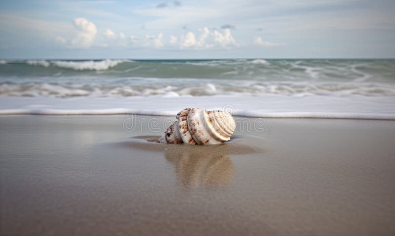 The Large Shell Rests Peacefully on the Beach, Washed by Gentle Waves ...
