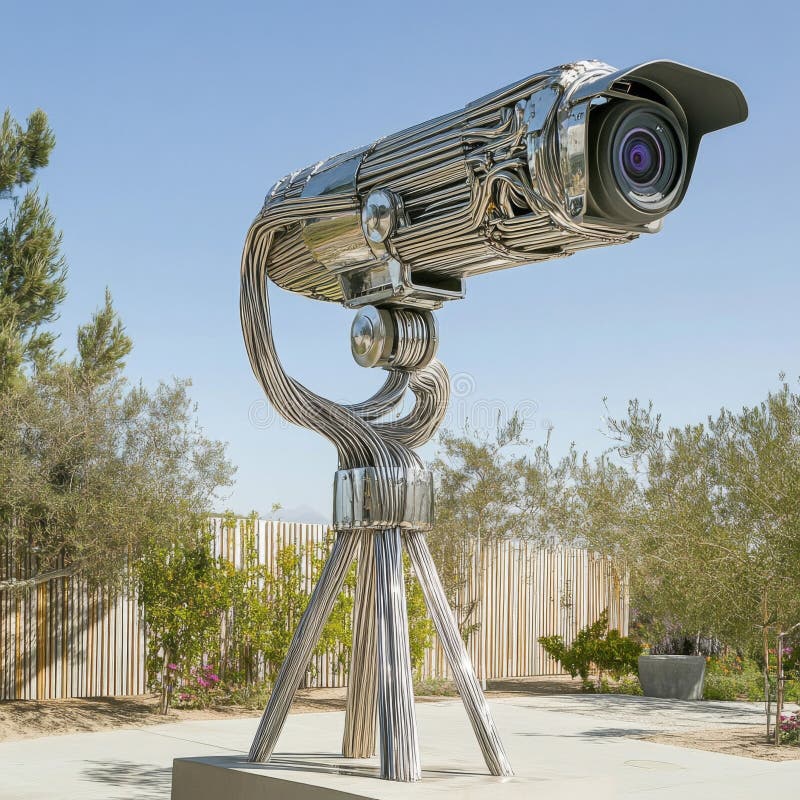 A Large Shiny Metal Sculpture of a Surveillance Camera on a Tripod ...