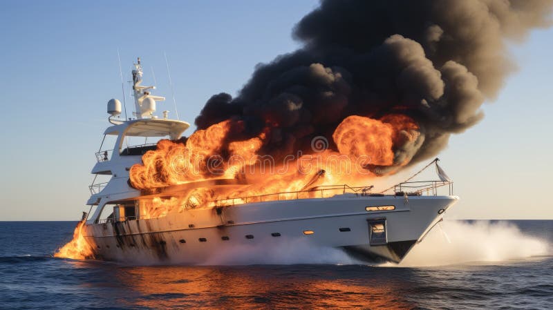 A Large Ship Caught Fire at Sea Stock Illustration - Illustration of ...