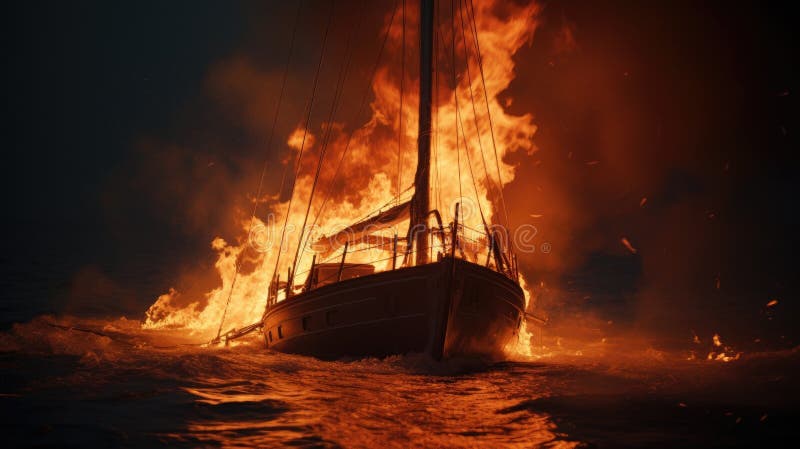 A Large Ship Caught Fire at Sea Stock Illustration - Illustration of ...
