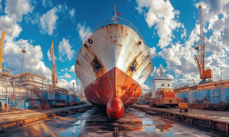 Large Ship Docked at Shipyard Under Blue Sky with Clouds and Cranes in ...