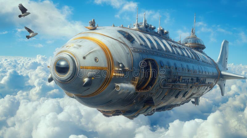 A Large Ship Flying through the Clouds with Birds in Flight, AI Stock ...