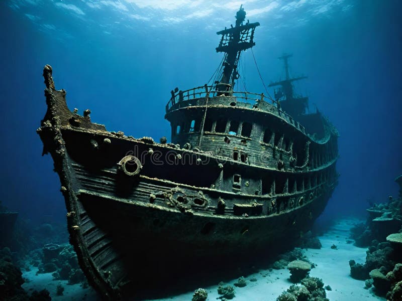 A Large Ship with a Huge Shipwreck Underwater Stock Illustration ...