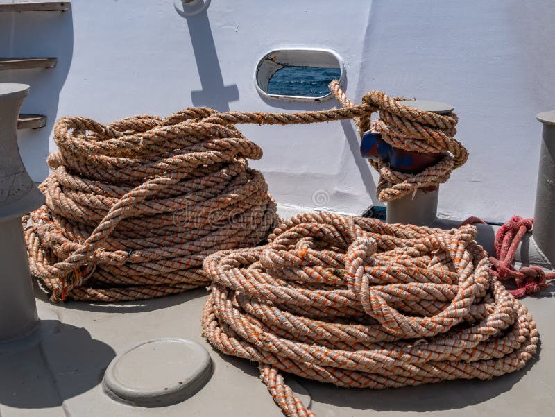 Large Ship Ropes Folded To Dry on the Deck of a Ship on a Sunny Day ...