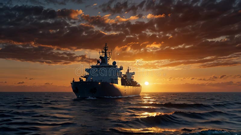 Large Ship Sailing on the Ocean at Sunset with a Dramatic Sky Stock ...