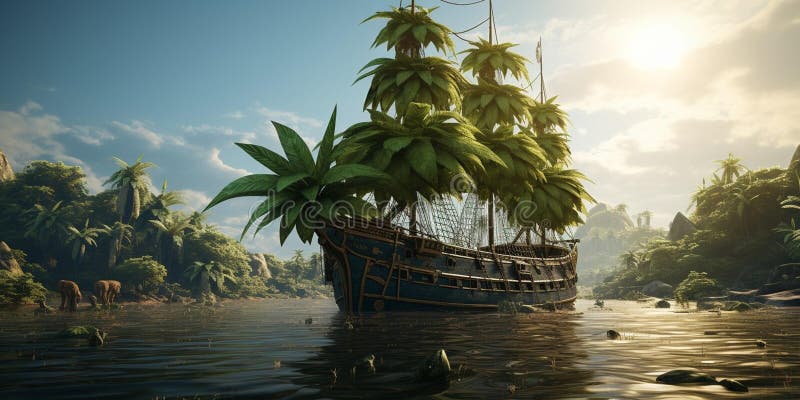 Large Ship Sailing in the Ocean, with Tropical Palm Trees, AI-generated ...