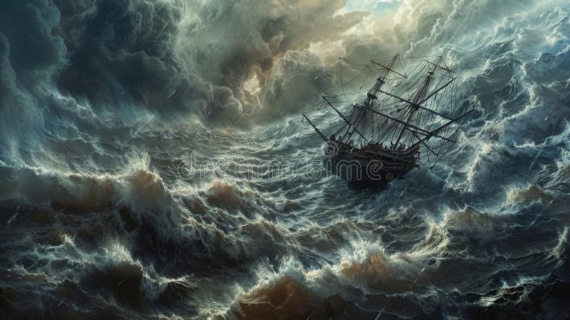 A Large Ship is Sailing through Rough Waters with Storm Clouds in the ...