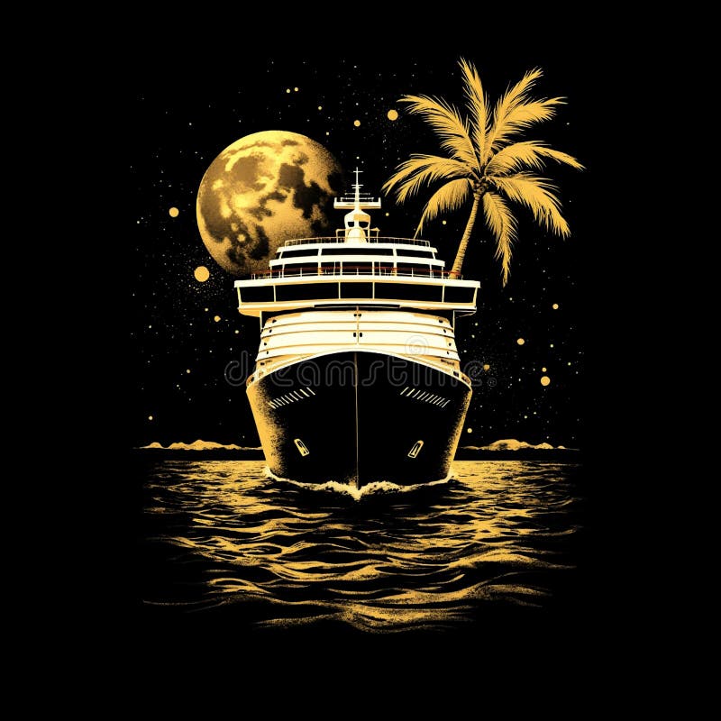 A Large Ship Sails Forward with a Golden Moon and a Palm Tree Visible ...