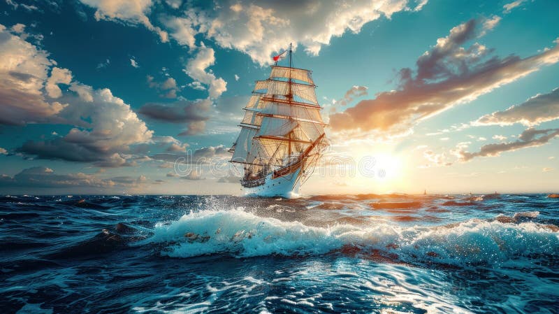 A Large Ship Sails through the Ocean with a Bright Sun Shining on it ...
