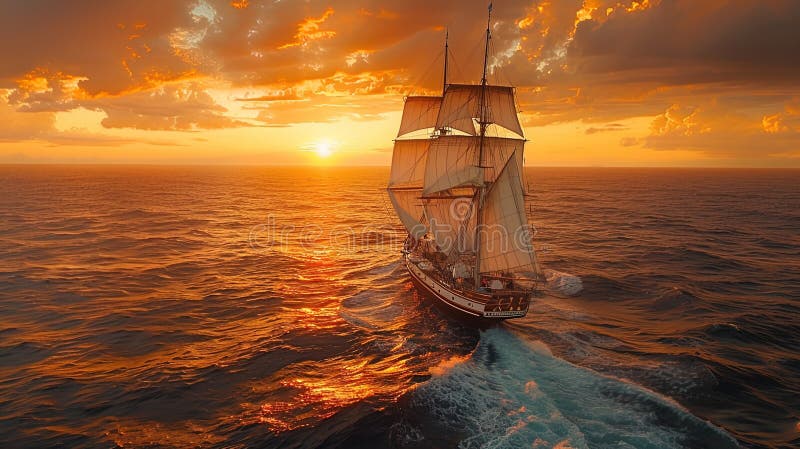 A Large Ship Sails through the Ocean at Sunset Stock Image - Image of ...