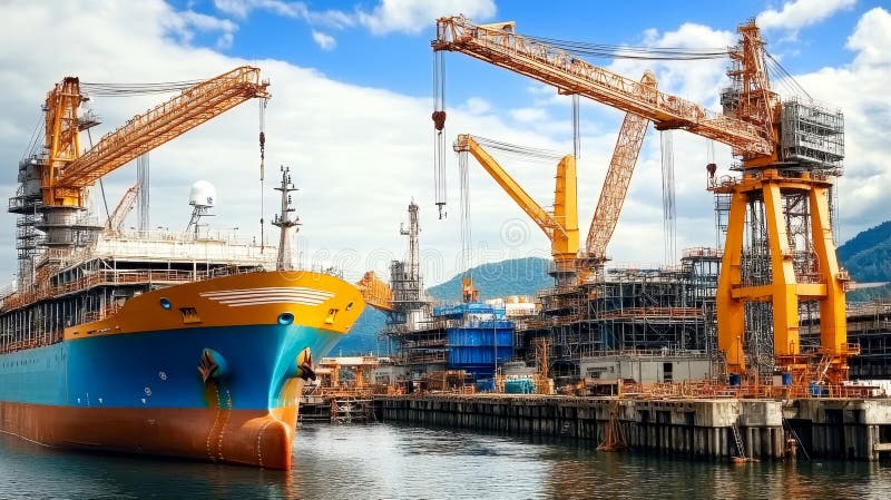 Large Ship Under Construction in Shipyard with Cranes, Staging, and ...