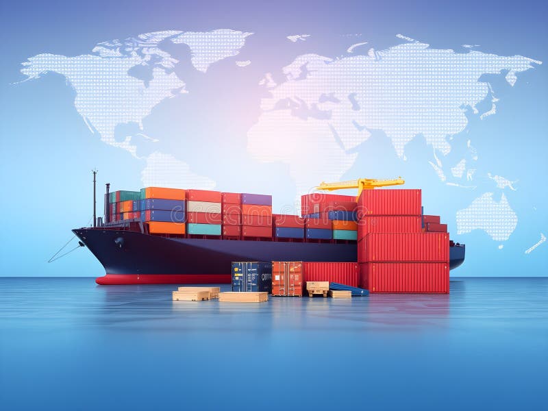 A Large Ship is in the Water with a Red and Blue Container Behind it ...