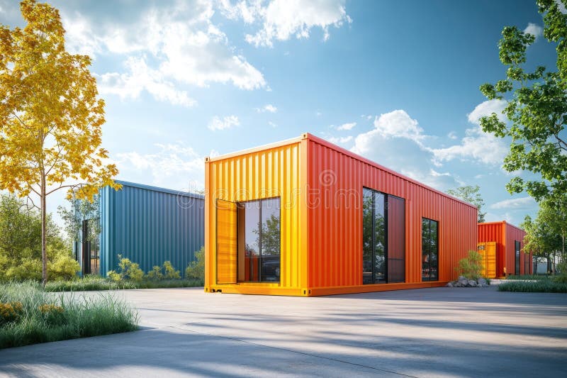 A Large Shipping Container Painted Orange and Blue Sitting in a Parking ...