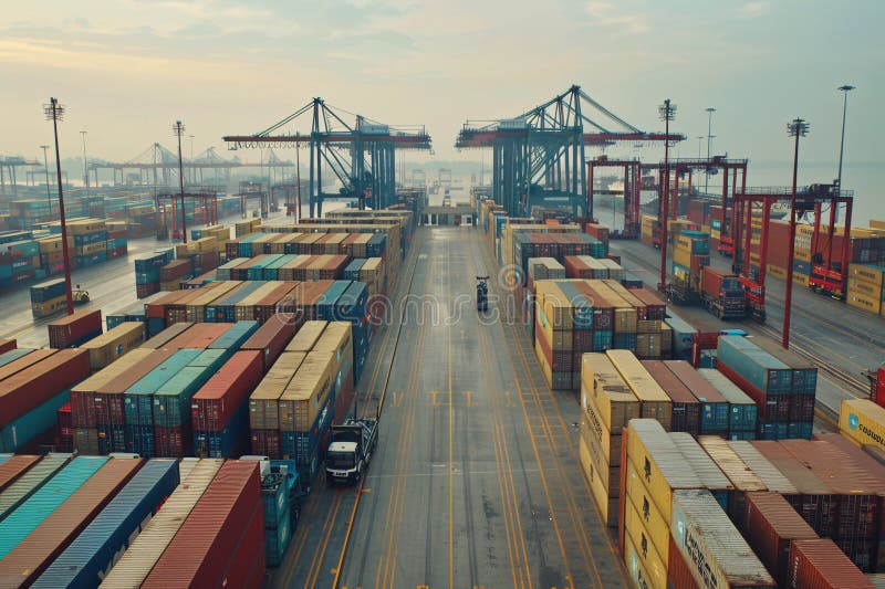 Large Shipping Containers Stacked in Busy Port with Cranes in ...
