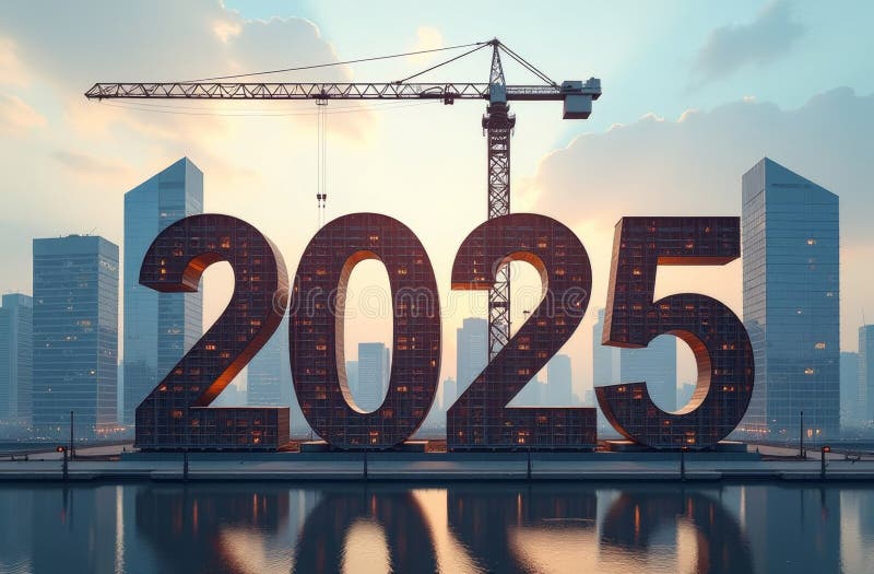 Large 2025 Sign Under Construction at Sunrise with a Crane in a Modern ...