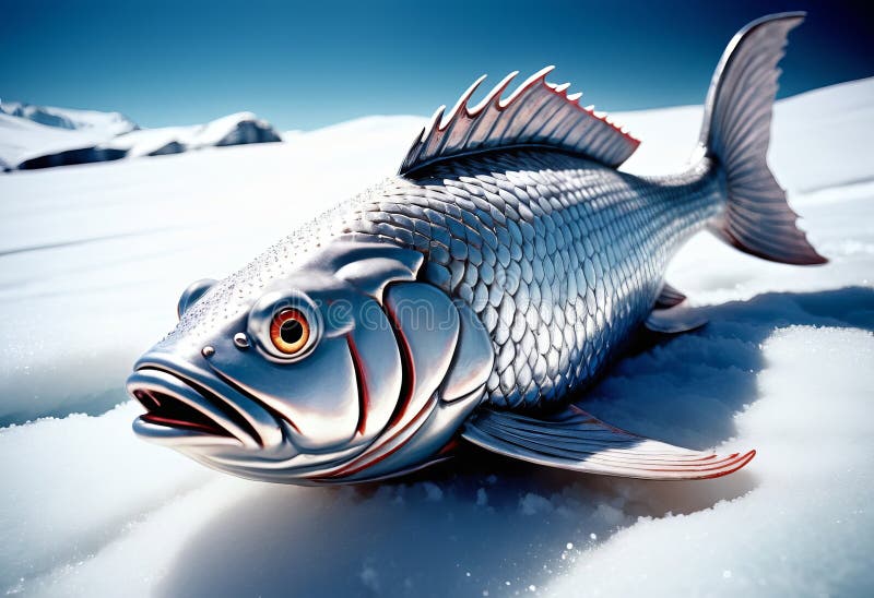 A Large Silver Fish with Scales, Lying on a Surface Covered in Ice or ...
