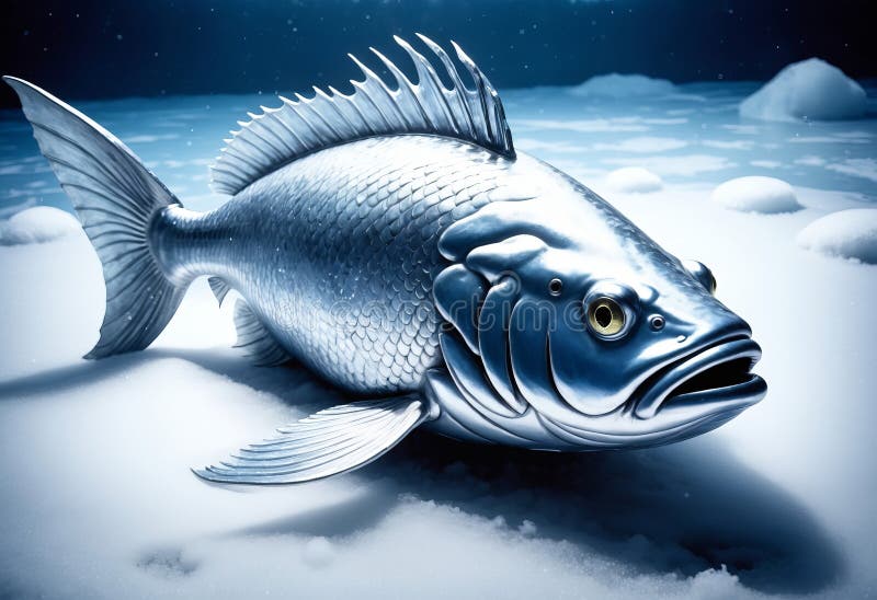 A Large Silver Fish with Scales, Lying on a Surface Covered in Ice or ...
