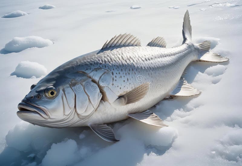 A Large Silver Fish with Scales, Lying on a Surface Covered in Ice or ...