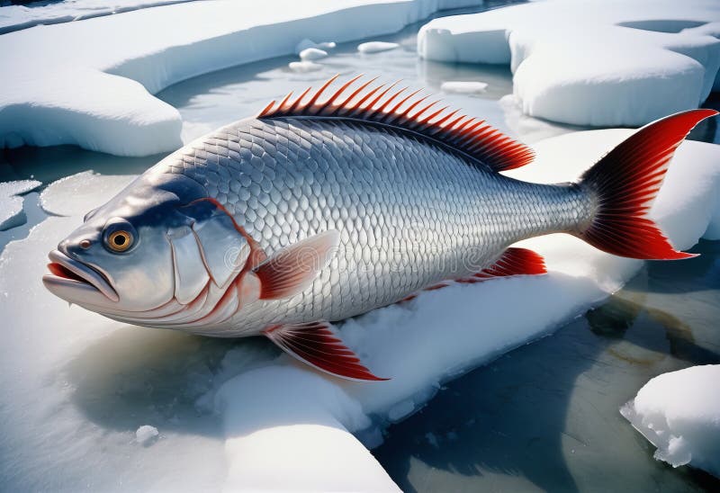 A Large Silver Fish with Scales, Lying on a Surface Covered in Ice or ...