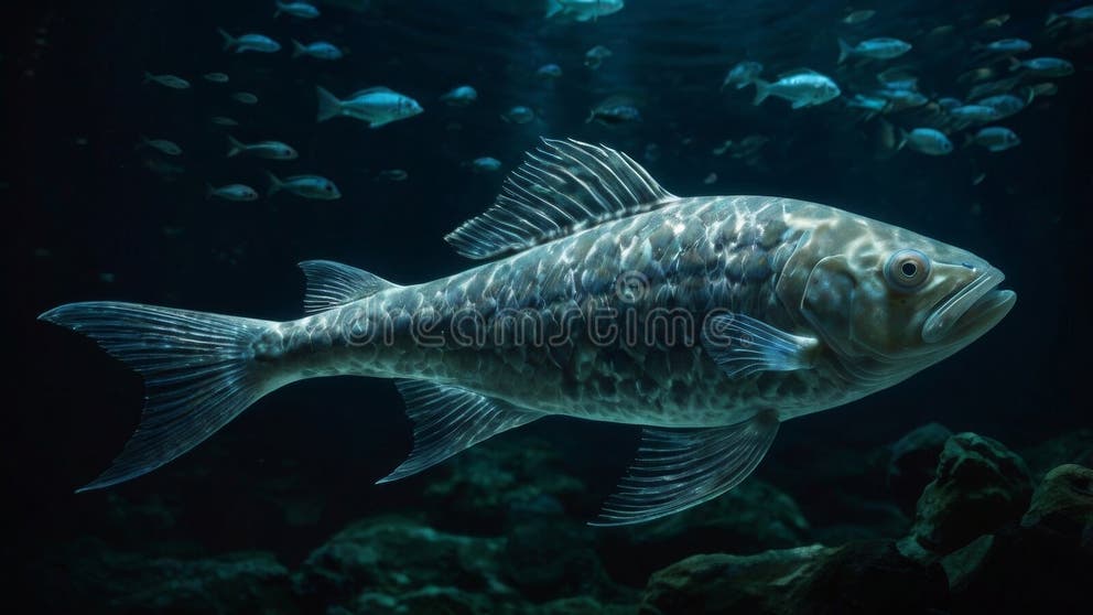 A Large Silver Fish Swims through the Deep Blue Water Stock ...