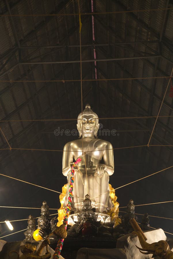 A Large Silver Seated Buddha Statue in the Pa Lelai Pose at Sacred Hall ...