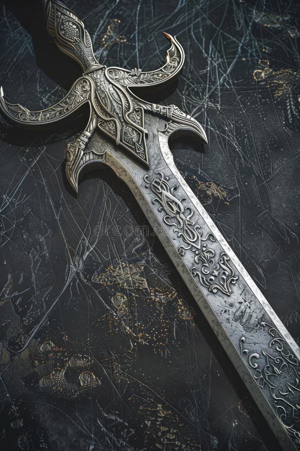 A Large Silver Sword with Intricate Designs Stock Image - Image of ...