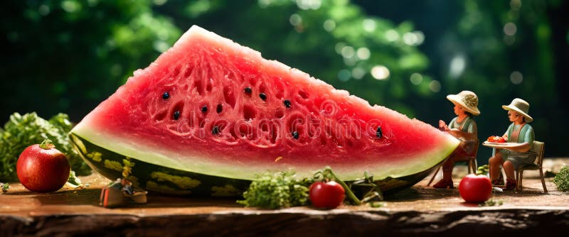 Large Watermelon Slice with Mini Figures Enjoying a Picnic Stock Photo ...