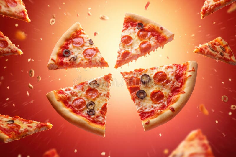 Large Slices of Pizza Soar Across a Colorful Background, Creating a ...