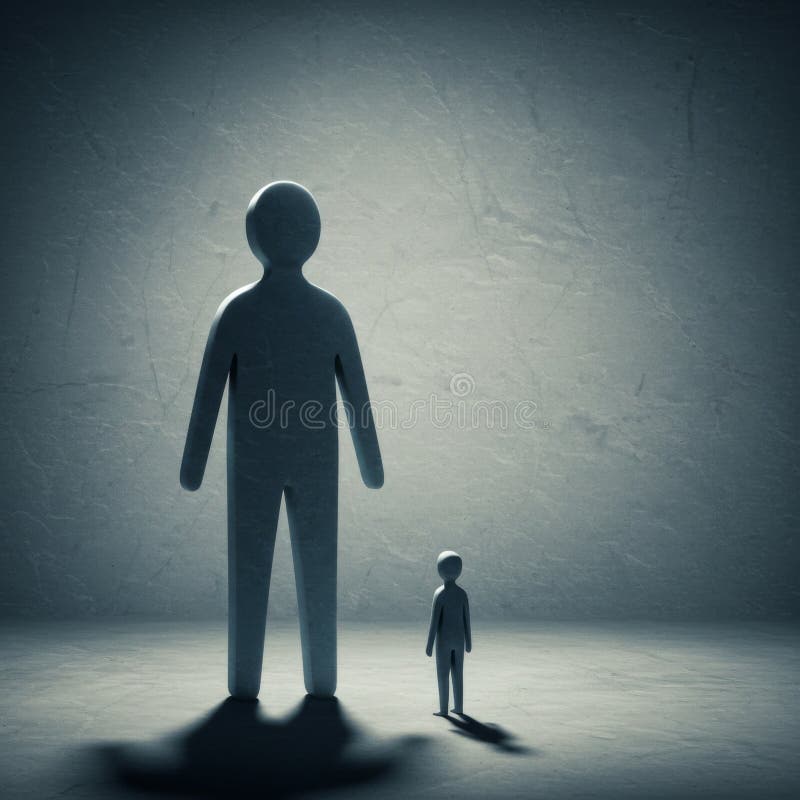Large and Small Grey Figures in a Dark Room Stock Illustration ...