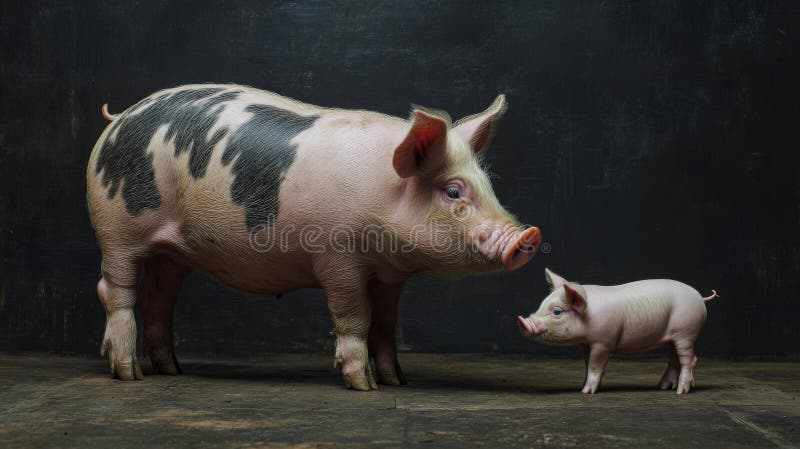 Large and Small Pigs Studio Portrait Against Dark Background Stock Illustration - Illustration ...
