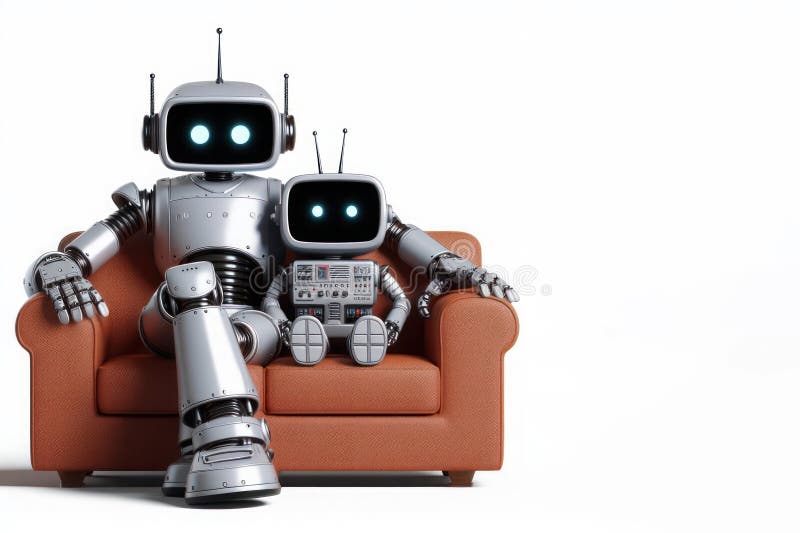 Large and Small Robot Sitting on the Couch. Space for Text. Stock Photo ...