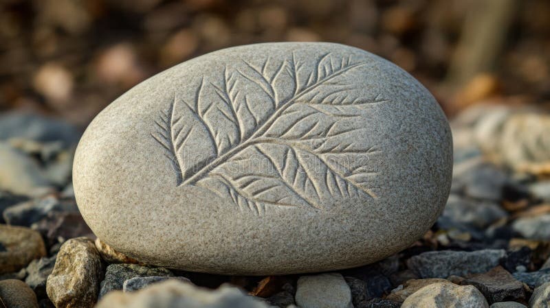 Large Smooth Stone with Leaf Design Rests Peacefully among Natural ...