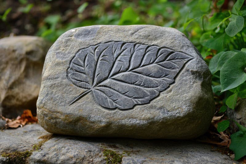Large Smooth Stone Featuring a Carved Leaf Pattern Set in a Serene ...