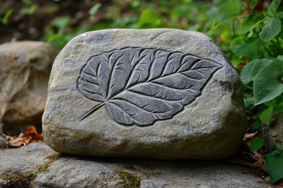 Large Smooth Stone Featuring a Carved Leaf Pattern Set in a Serene ...