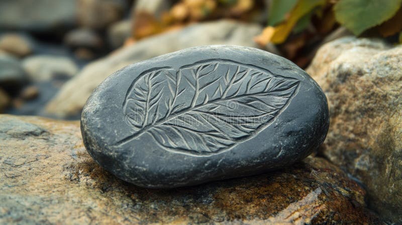 Smooth Stone with Leaf Carving Resting on Natural Stones in a Serene ...