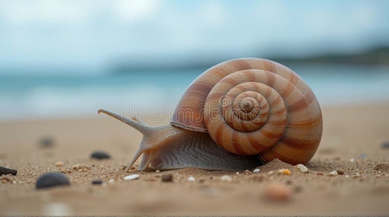 A Large Snail with a Brown, Spiraled Shell Rests on a Sandy Surface ...