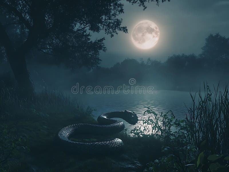 A Large Snake Rests by a Tranquil Lake Under a Full Moon Stock ...