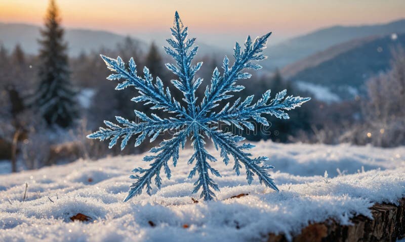 A Large Snowflake Sits in the Snow in Front of a Mountain Range Stock ...