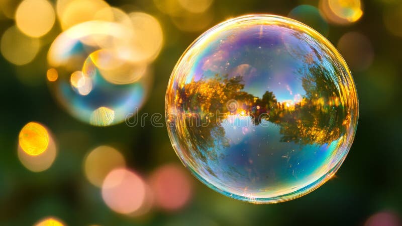 A Large Soap Bubble Reflecting a Golden Sunset and Trees Stock Illustration - Illustration of ...