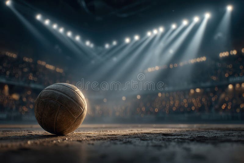 Large Soccer Ball on a Lit Stadium Field, Side View during Evening ...