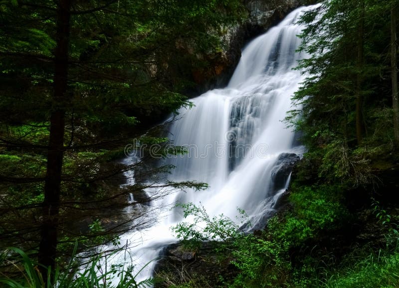Large Soft Flowing Waterfall in the Green Forest Stock Photo - Image of ...