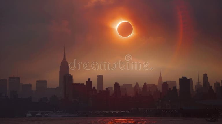 A Large Solar Eclipse is Setting Over a City Skyline Stock Image ...