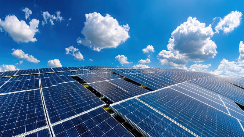 Large Solar Panel Array Against a Bright Sky Stock Illustration ...