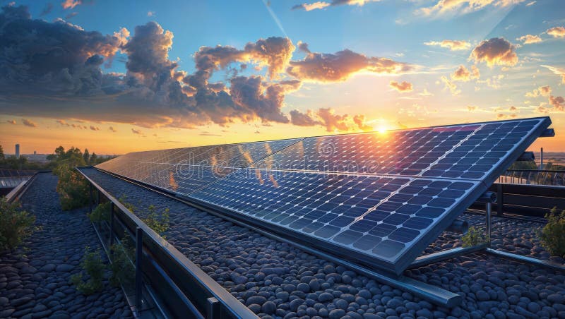 Dramatic Sunset Meets Solar Panels, Generative Ai Stock Illustration ...
