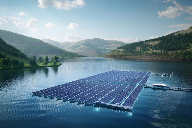 A Large Solar Panel Array is Floating on the Water. Environmental ...
