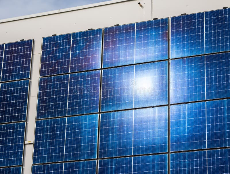 Large Solar Panel Array on Industrial Building Facade.. Stock Image ...