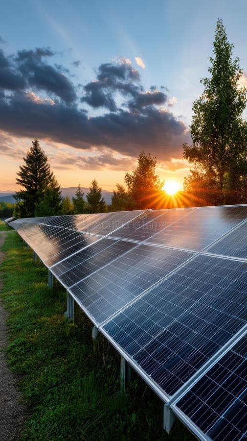 Large Solar Panel Array on Lush Green Grass Illuminated by a Beautiful ...